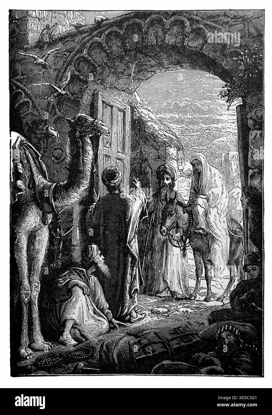 Illustration of Joseph and Mary arriving at the Inn at Bethlehem ...