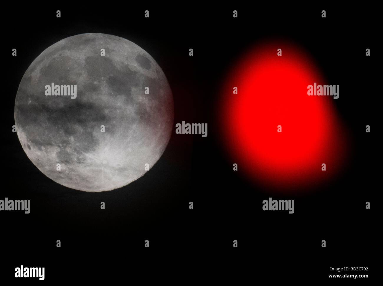 05 November 2025, Hesse, Frankfurt/Main: The full moon stands next to a ...