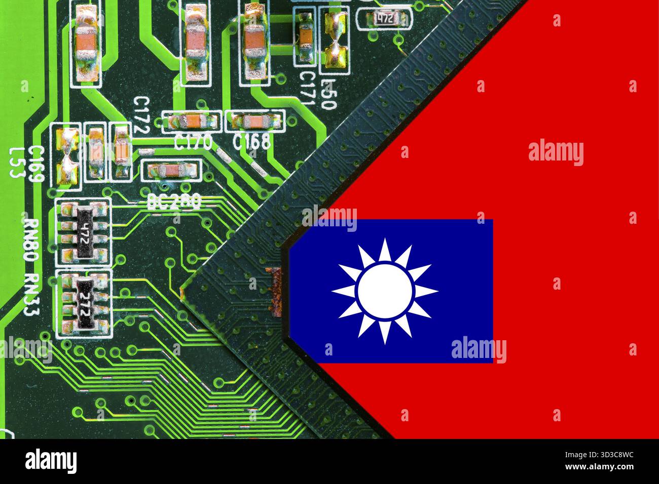 Taiwanese National Flag overlaid on PC micro chip on integrated circuit ...