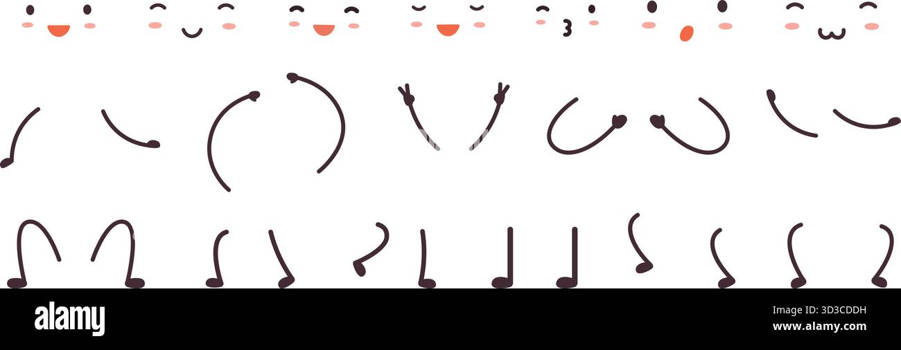 Simple cartoon hands legs face. Kawaii style face elements, cute ...