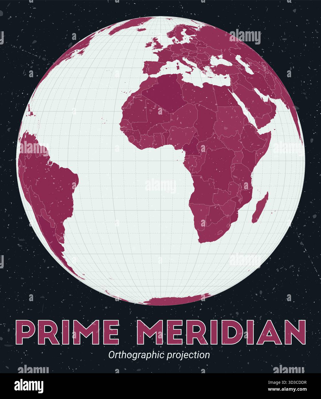 Prime Meridian. World map. Orthographic projection centered on the ...