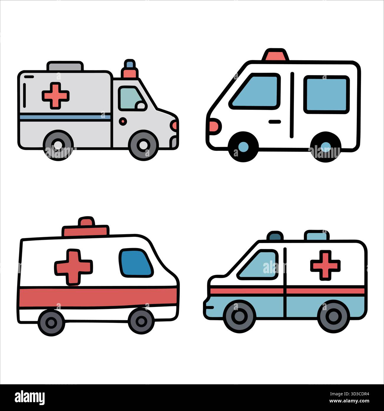 Cartoon ambulances with red crosses showing emergency transport concept ...
