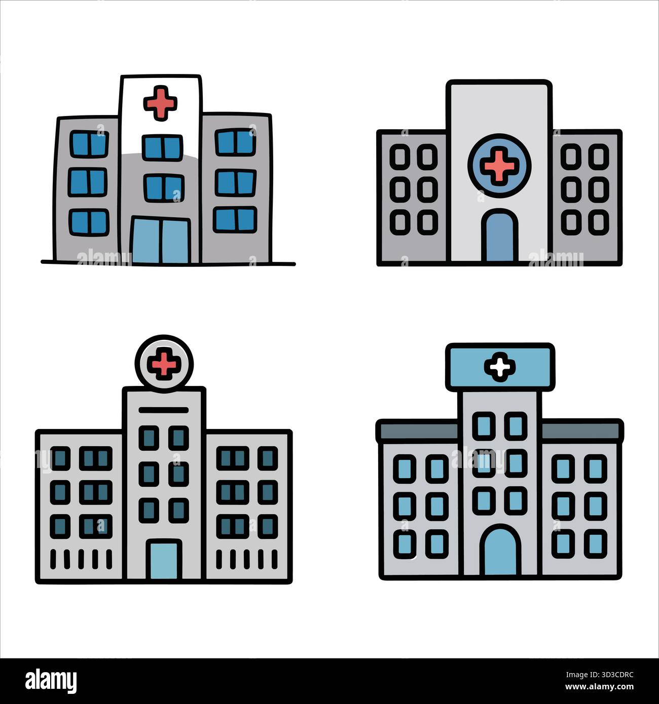 Minimal hospital buildings with red crosses representing medical ...