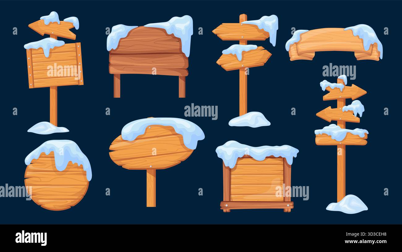 Snowy wooden signs. Wood sign board snow cap, winter pointers signpost ...