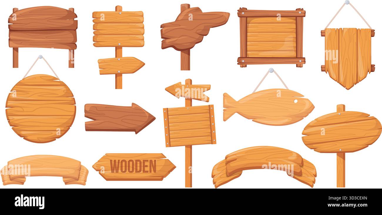 Cartoon wooden signboards. Wood signs set, game ui plank signboard farm ...