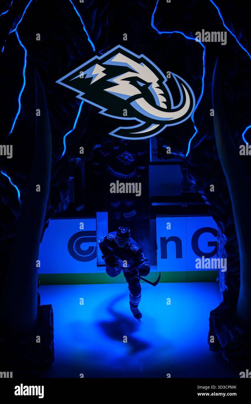 Utah Mammoth center Logan Cooley (92) skates onto the ice before the ...