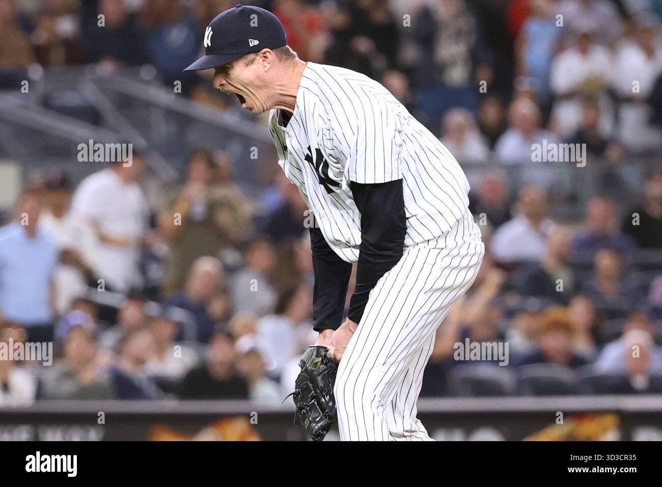 FILE - New York Yankees pitcher Tim Hill reacts after striking out ...