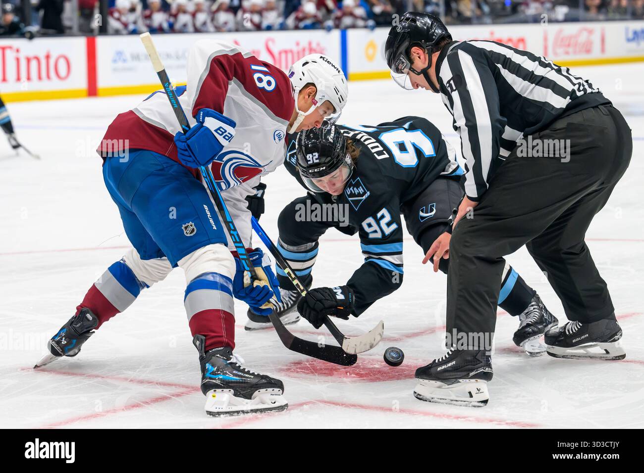 Utah Mammoth center Logan Cooley (92) and Colorado Avalanche center ...