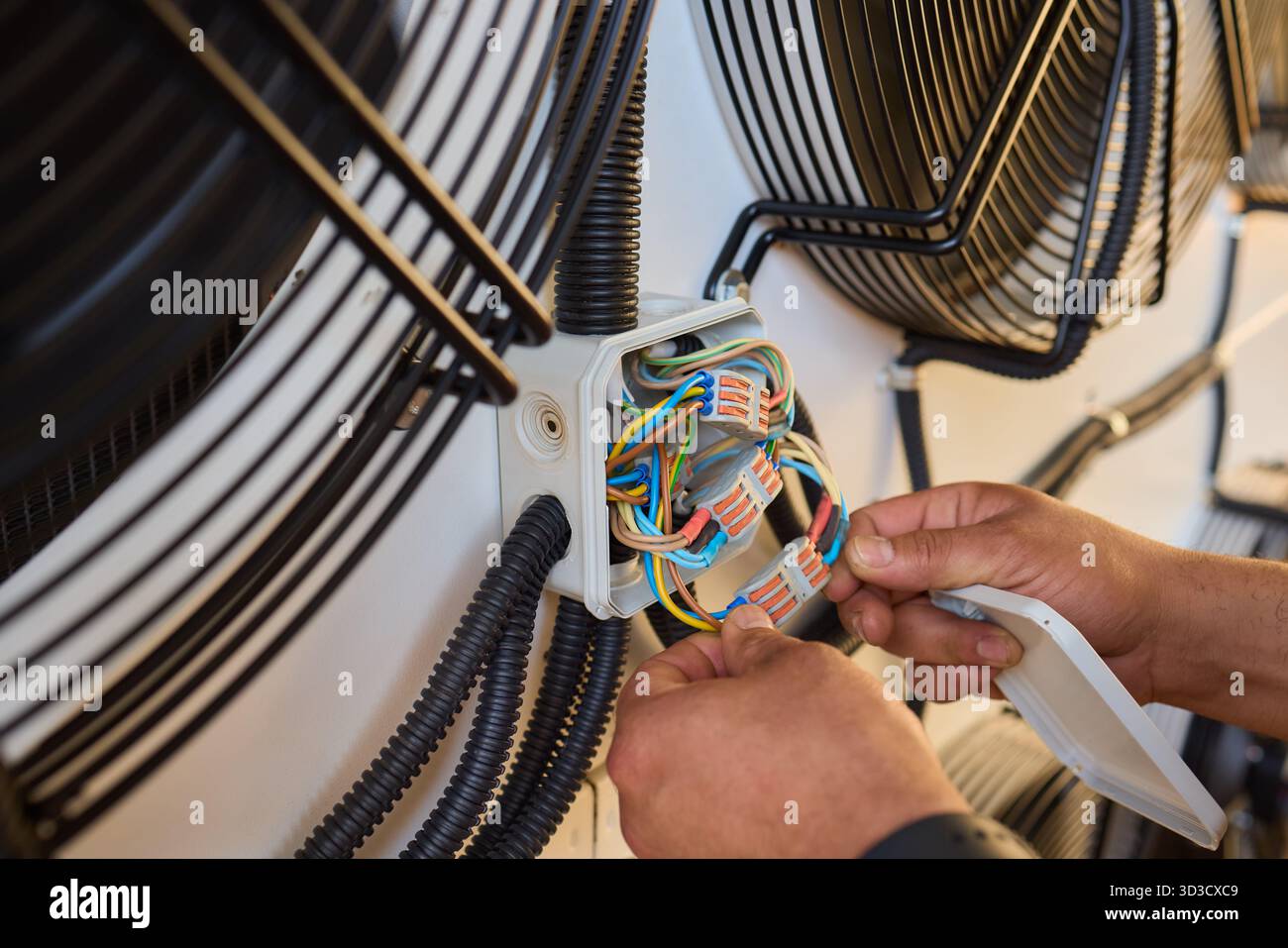 Electrician fixing complex wiring in junction boxes, showing expertise ...