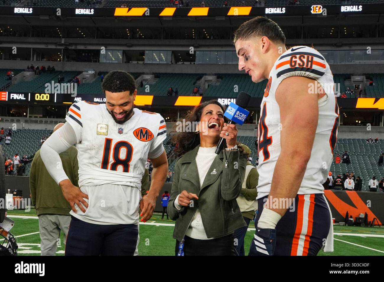 Chicago Bears quarterback Caleb Williams (18) is interviewed with ...