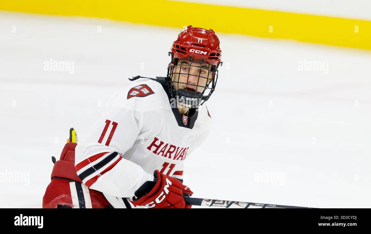 Harvard forward Justin Solovey (11) skates during the first period of ...