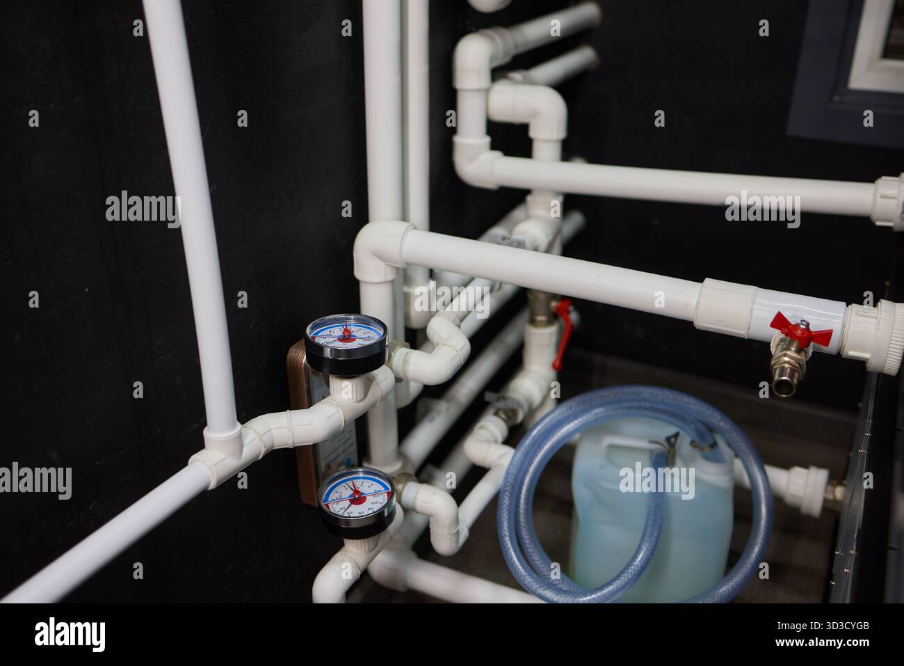 Modern plumbing system with gauges and water pipes for measuring ...