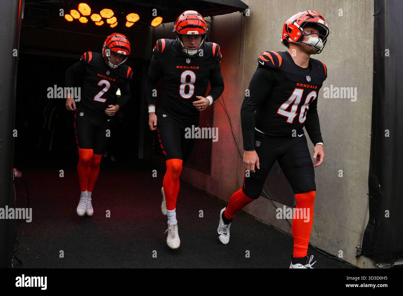 Cincinnati Bengals' Evan McPherson (2), Ryan Rehkow (8) and William Wagner (46) jog onto the ...
