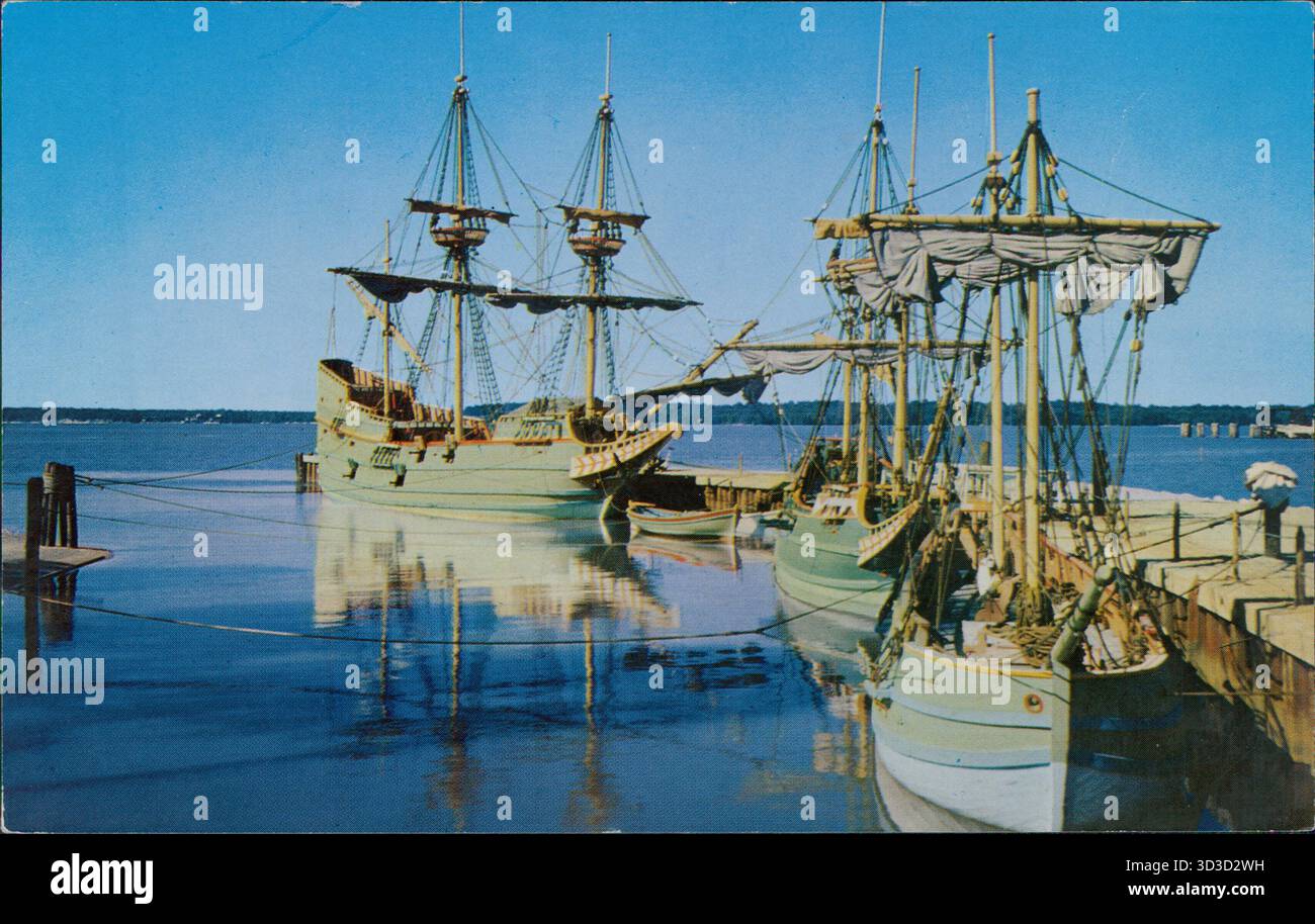 Postcard depicting full-size replicas of the Susan Constant, Godspeed ...