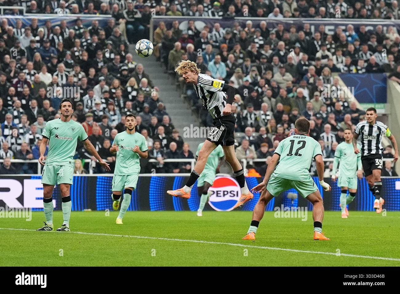 Newcastle United's Nick Woltemade attempts a header on goal during the ...