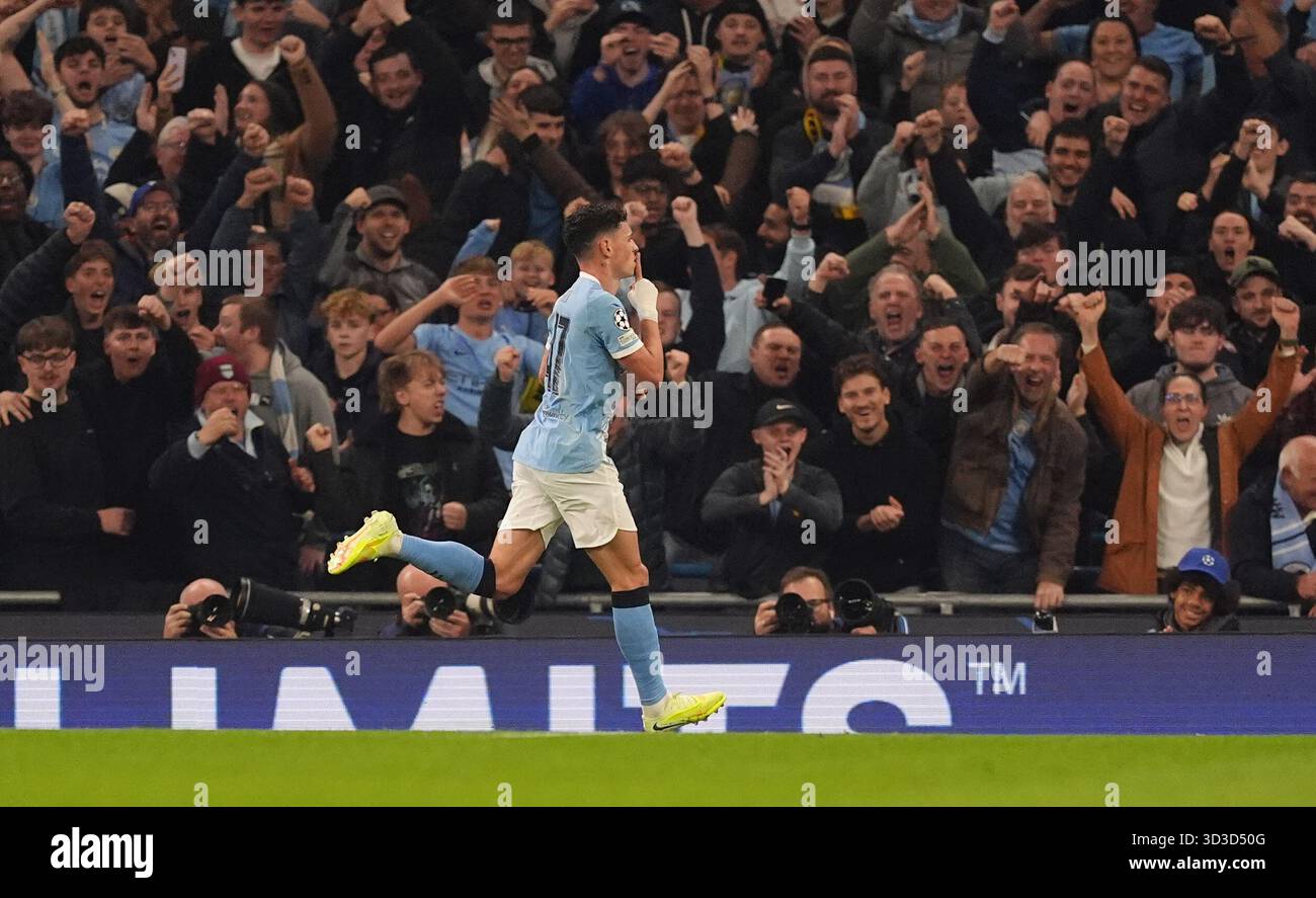 Manchester City's Phil Foden celebrates scoring the opening goal during ...
