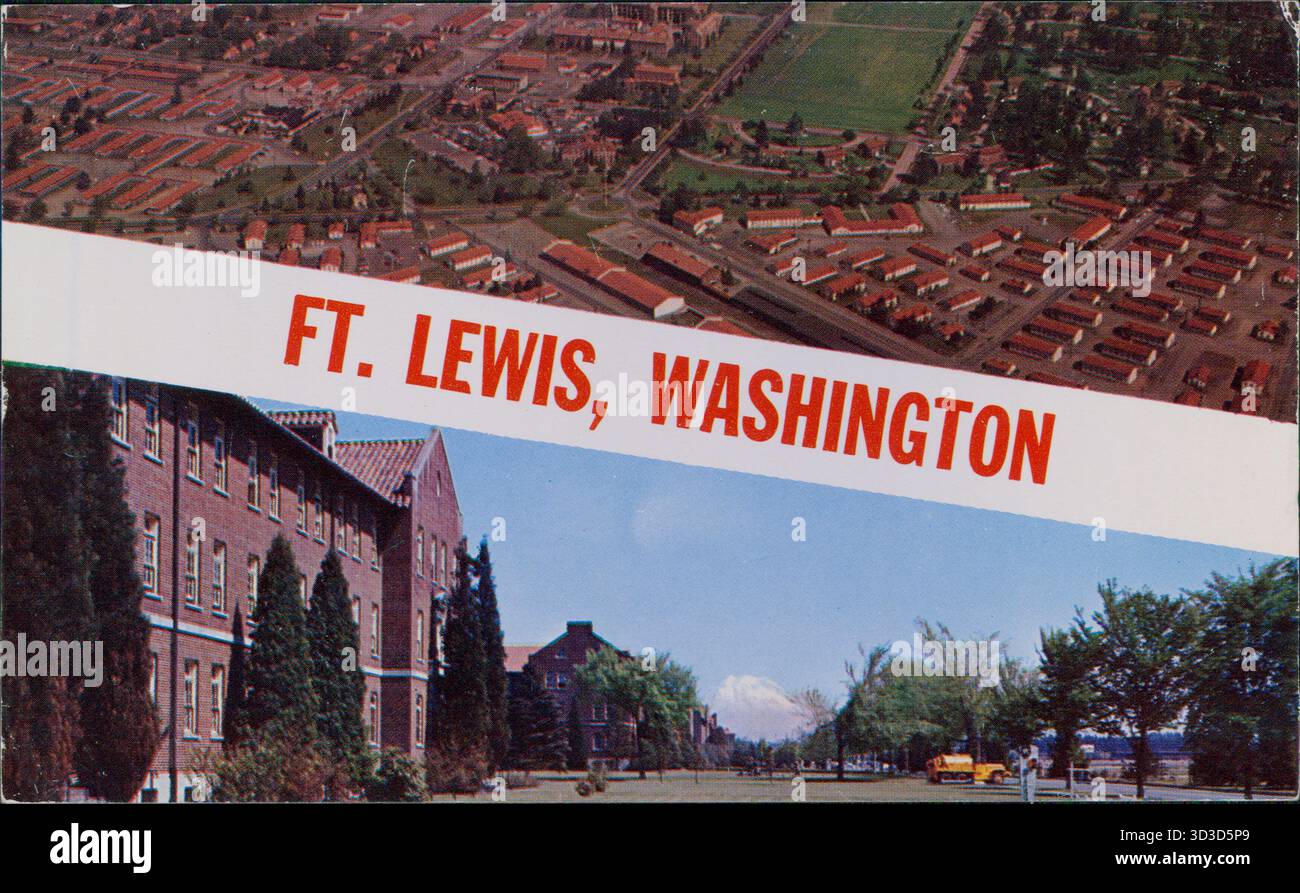 Postcard of Fort Lewis, featuring an aerial view of warehouses and ...