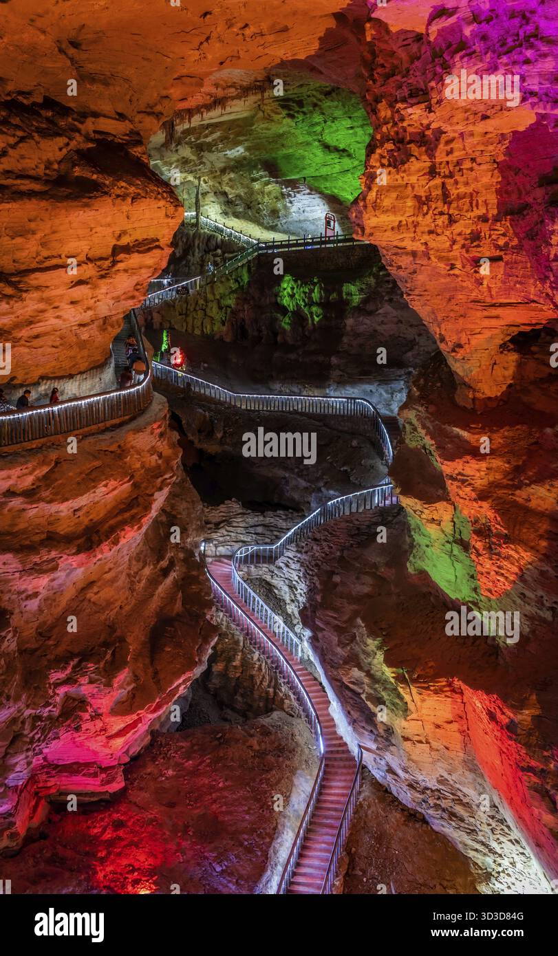 Zhangjiajie, China - August 2019 : Tourists walking on the iluminated ...