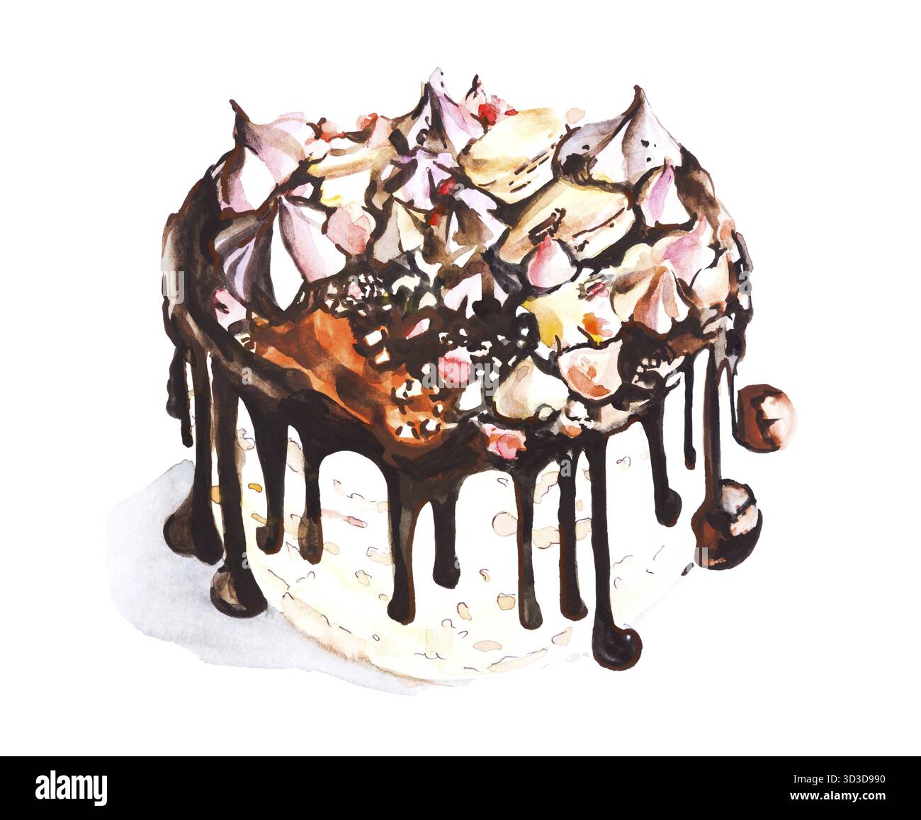 Chocolate cake with meringue, watercolor drawing isolated on white ...