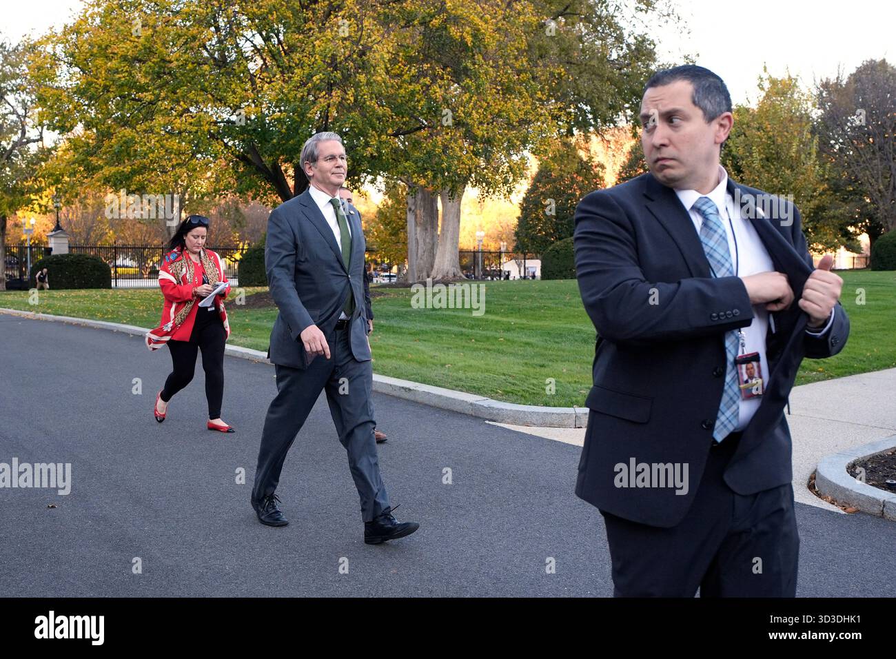 Treasury Secretary Scott Bessent talks to reporters outside the White ...