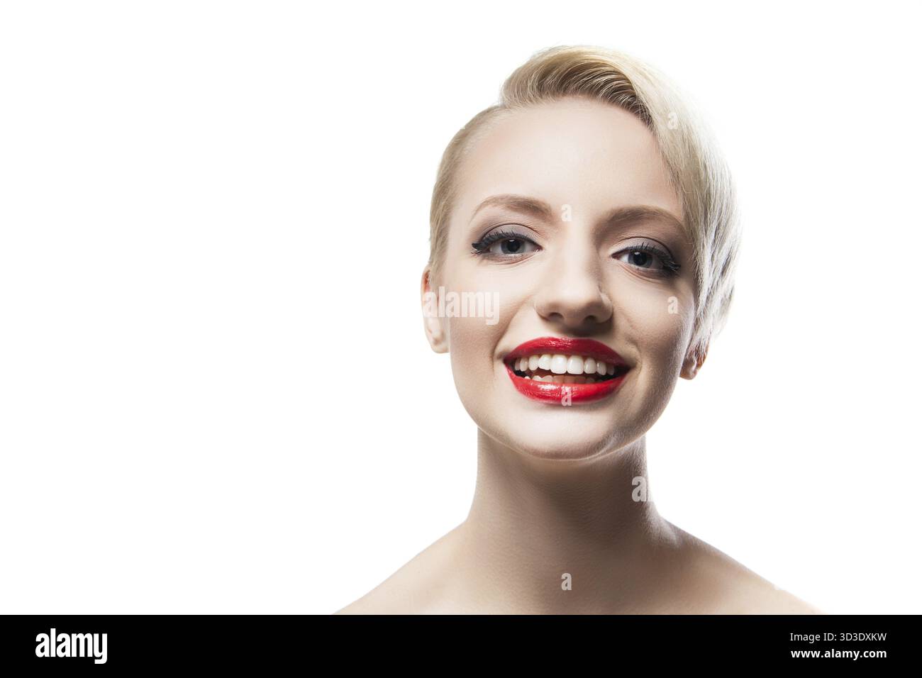 Headshot of smiling model with red lips and short hair on white ...
