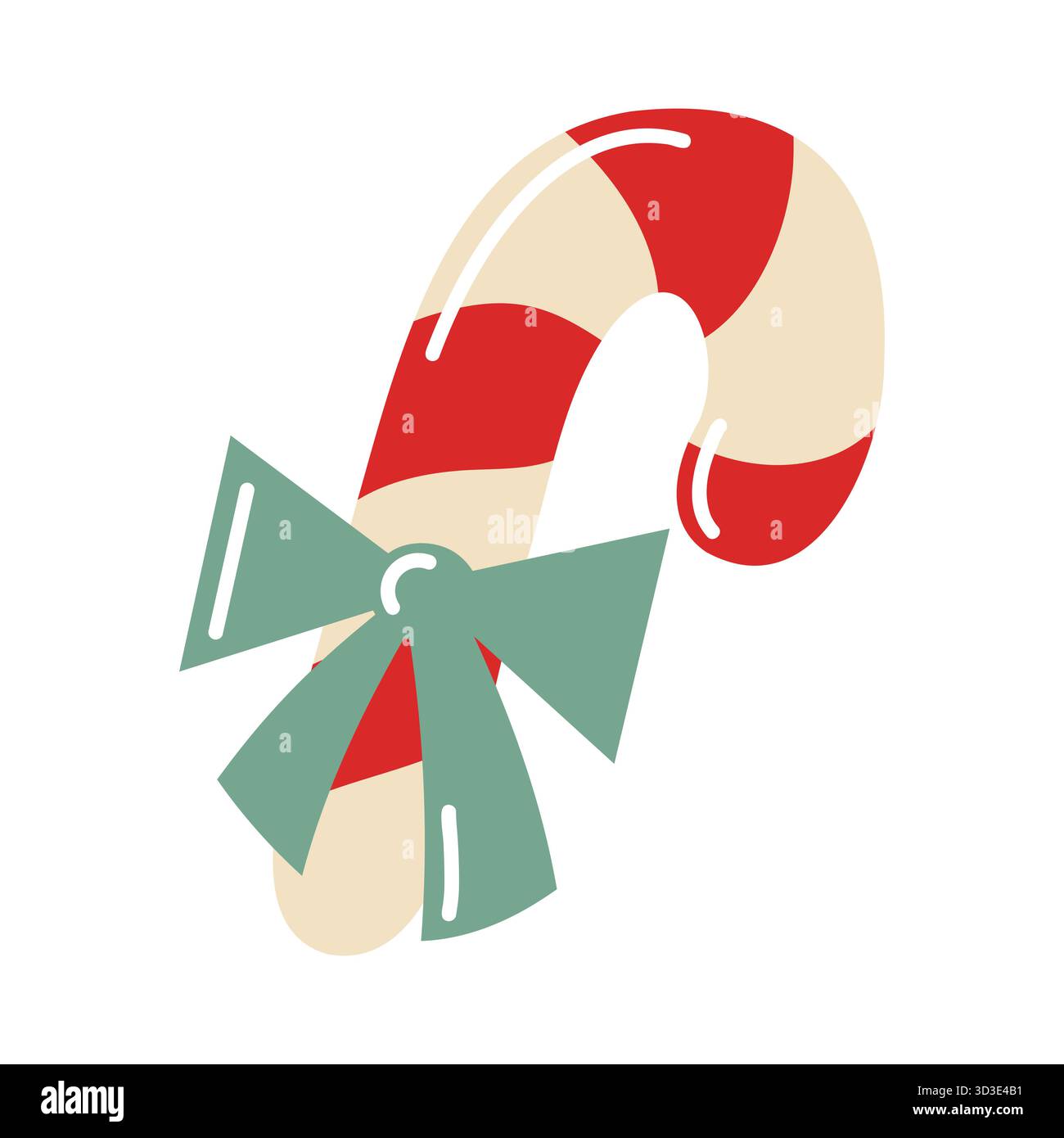Flat style candy cane with green bow. Festive icon. Hand drawn vector ...