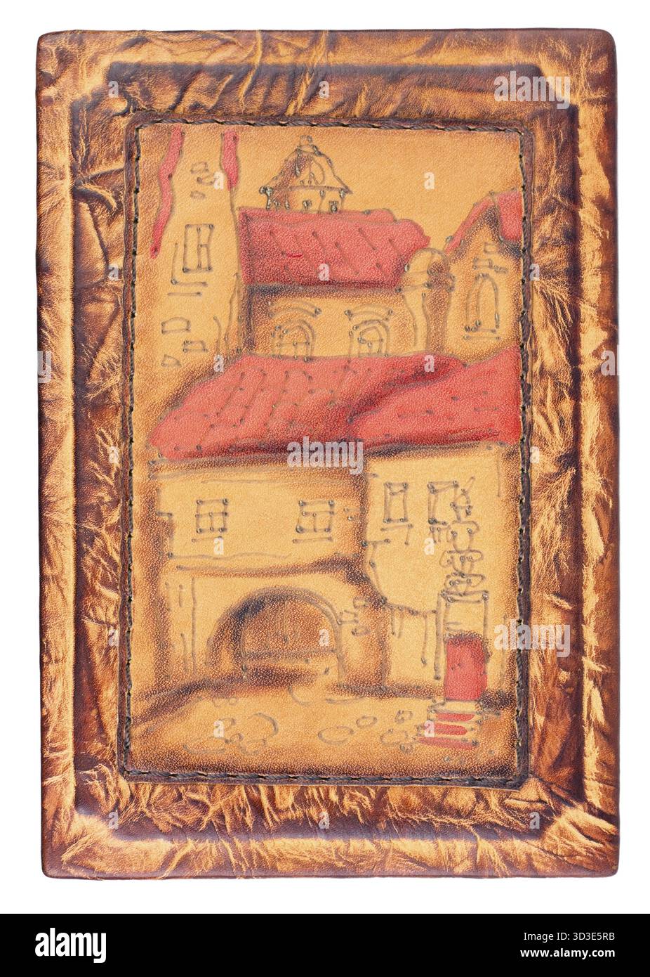 Old European town landscape handmade art from pork leather. Isolated ...