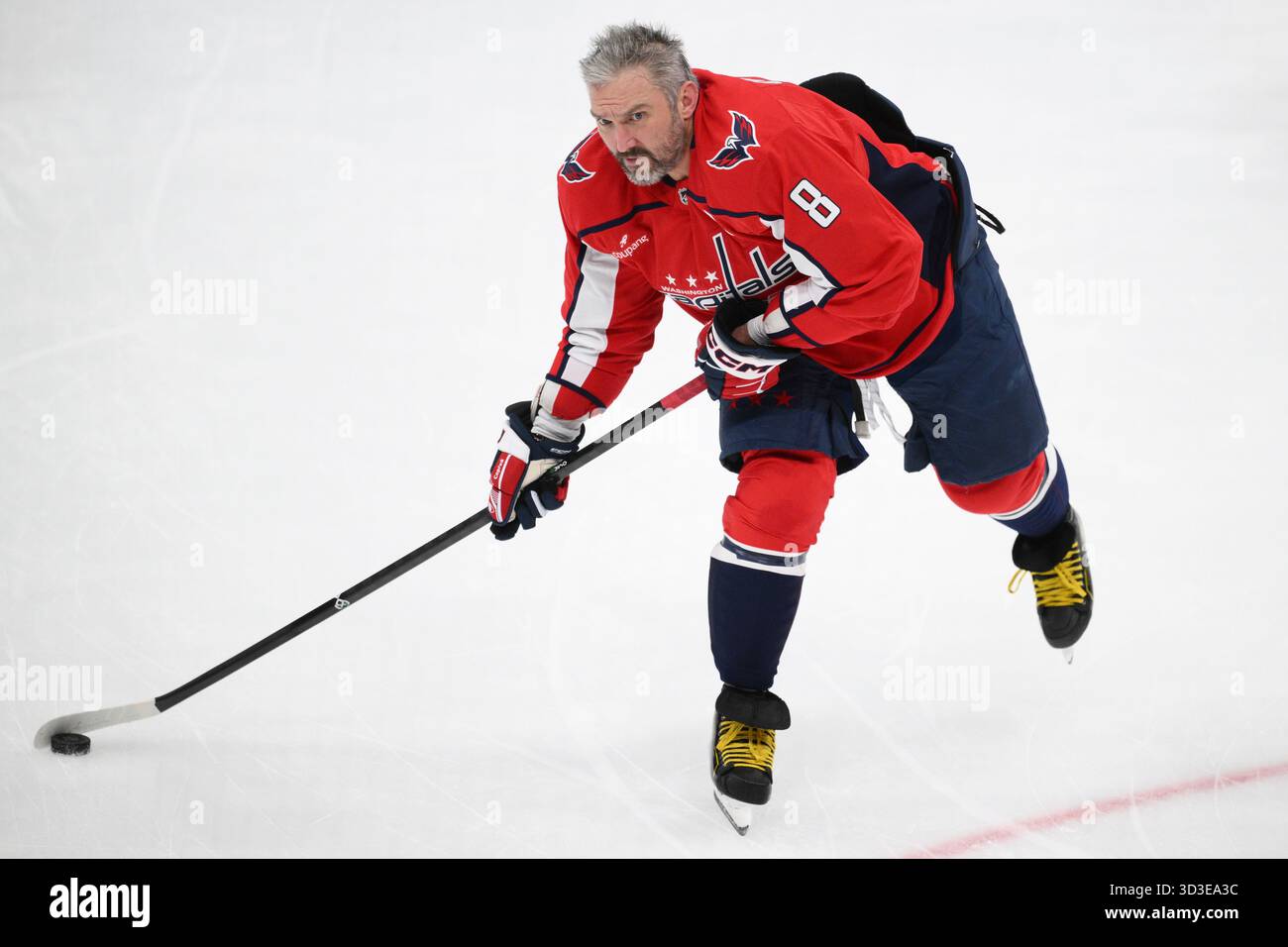 Washington Capitals left wing Alex Ovechkin (8) on the ice before the ...
