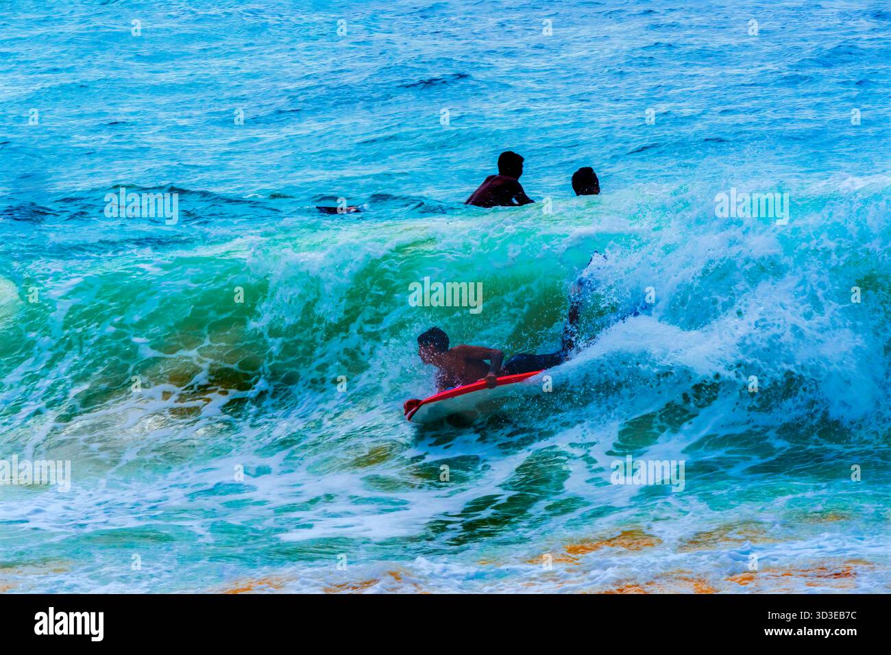 Colorful Body Surfers Shore Break Waves Sandy Beach Southeastern Oahu ...
