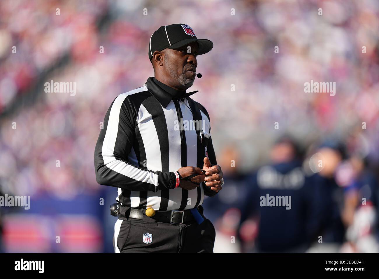 Field judge Anthony Flemming (90) returns to his position between plays ...