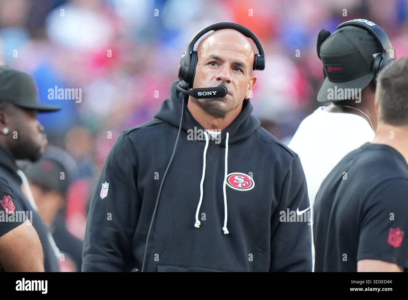 San Francisco 49ers head coach Kyle Shanahan looks toward the stands ...