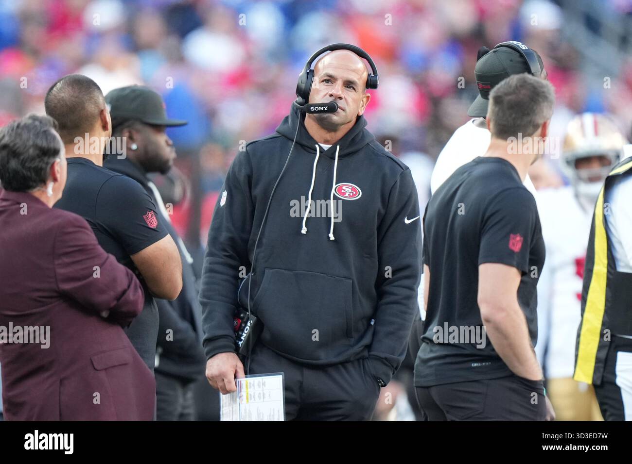 San Francisco 49ers head coach Kyle Shanahan looks toward the stands ...