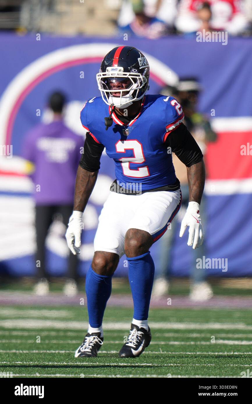 New York Giants cornerback Deonte Banks (2) defends in the secondary during an NFL football game ...