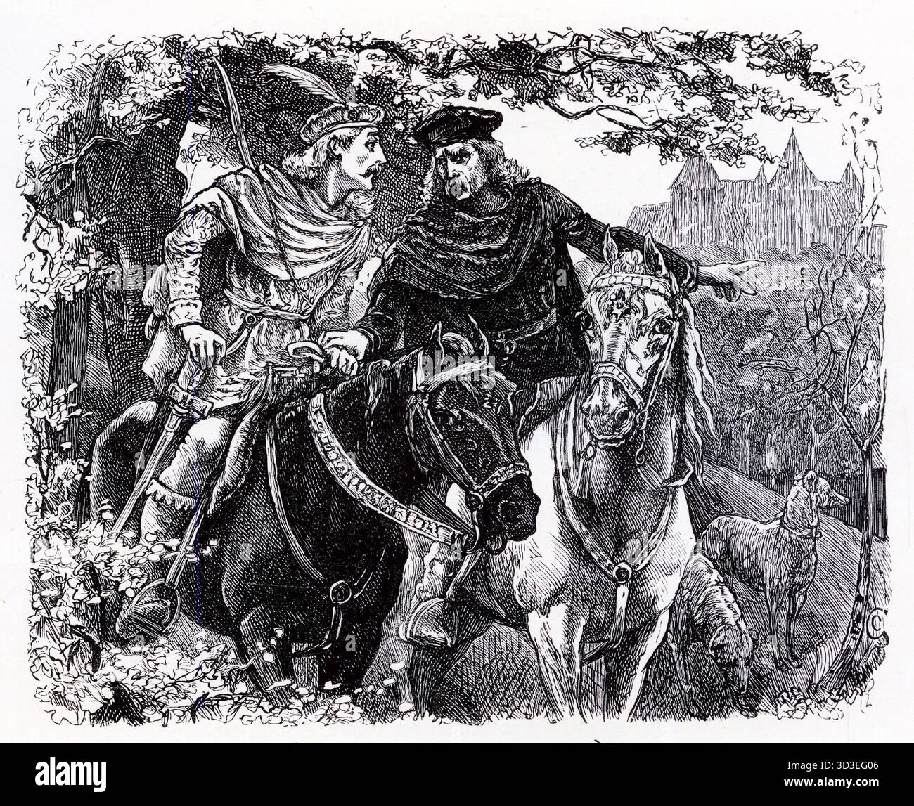 Engraving of two men in the middle ages returning from a hunt, with a ...