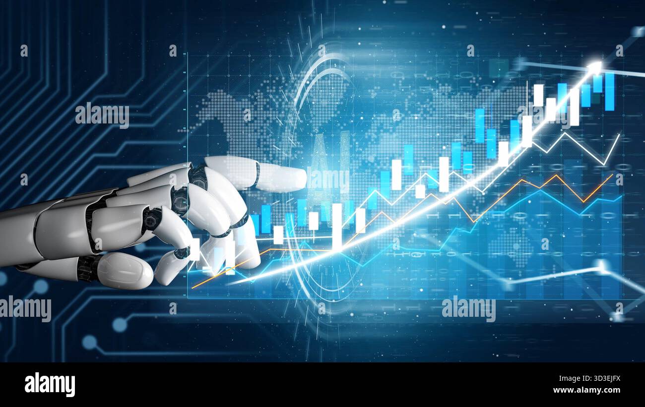 A robotic hand points at digital charts and graphs, showcasing trends ...