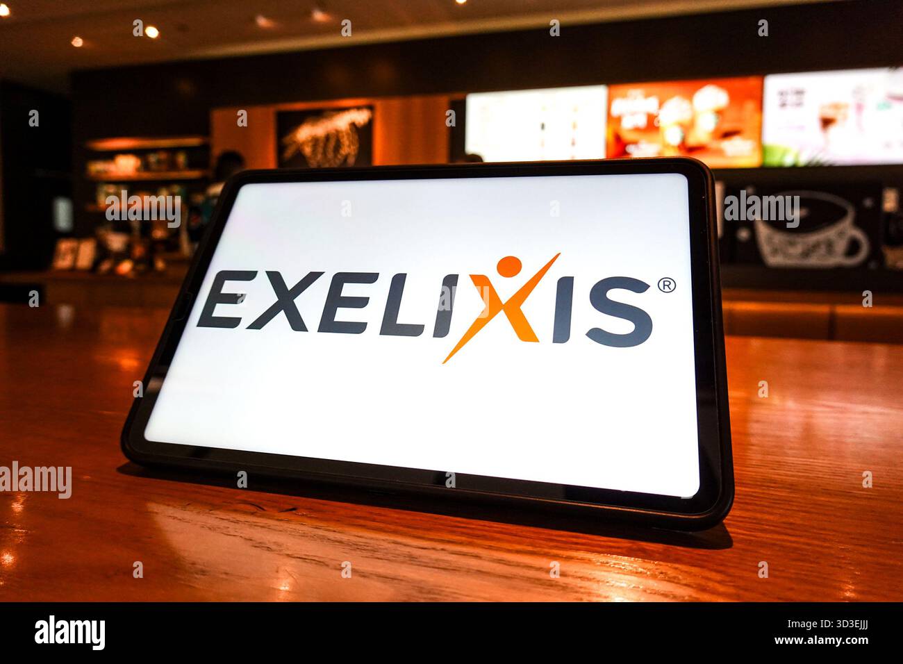 In this photo illustration, the Exelixis logo is displayed on the ...