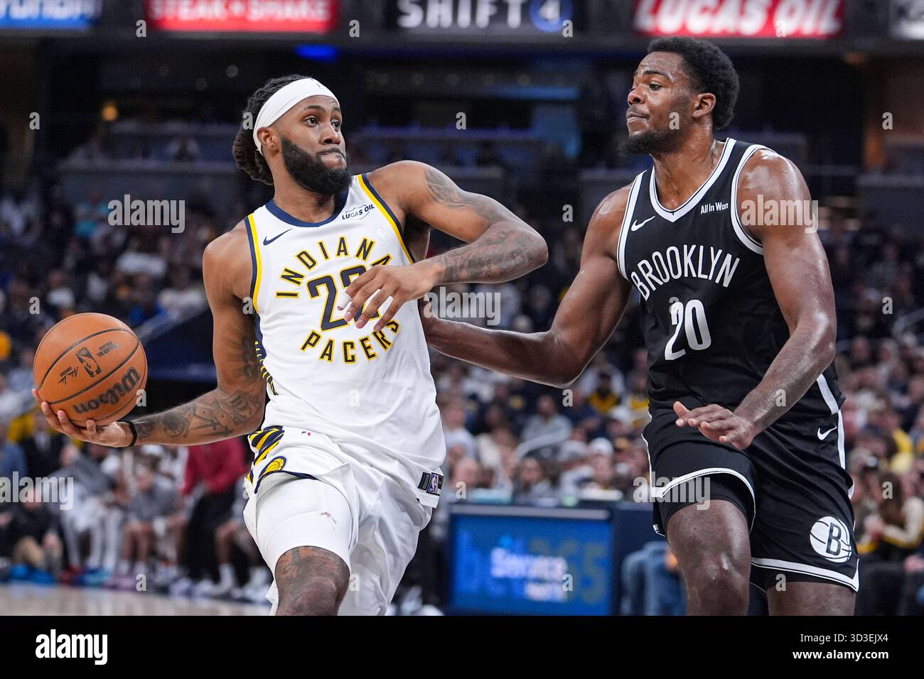 Indiana Pacers forward Isaiah Jackson (22) drives on Brooklyn Nets ...