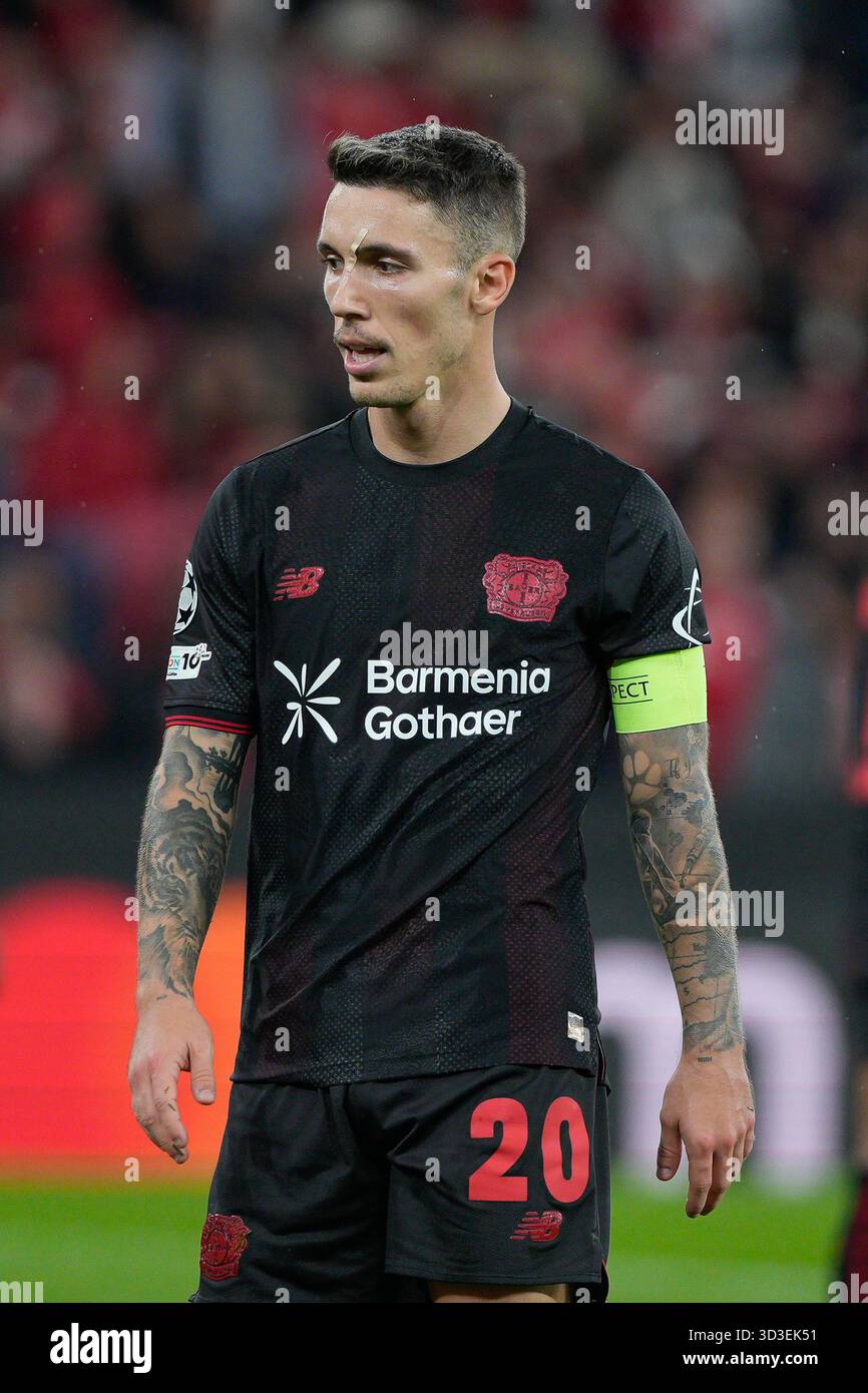 Alejandro Grimaldo of Bayer Leverkusen seen in action during UEFA ...