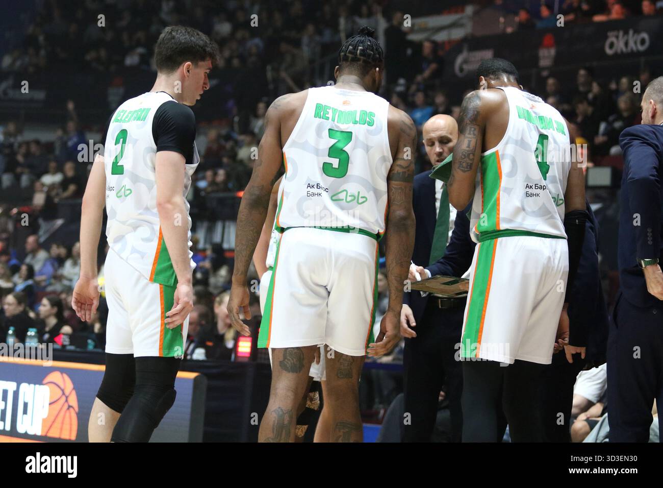 Mikhail Belenitsky (2), Jalen Reynolds (3) and Marcus Jerome Bingham Jr. (4) of UNICS seen ...