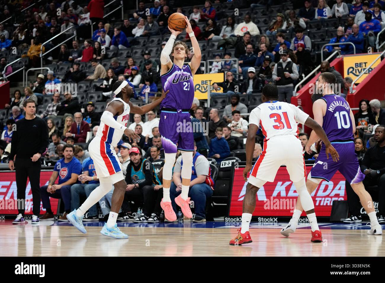 Utah Jazz forward Lauri Markkanen, second from left, shoots against ...