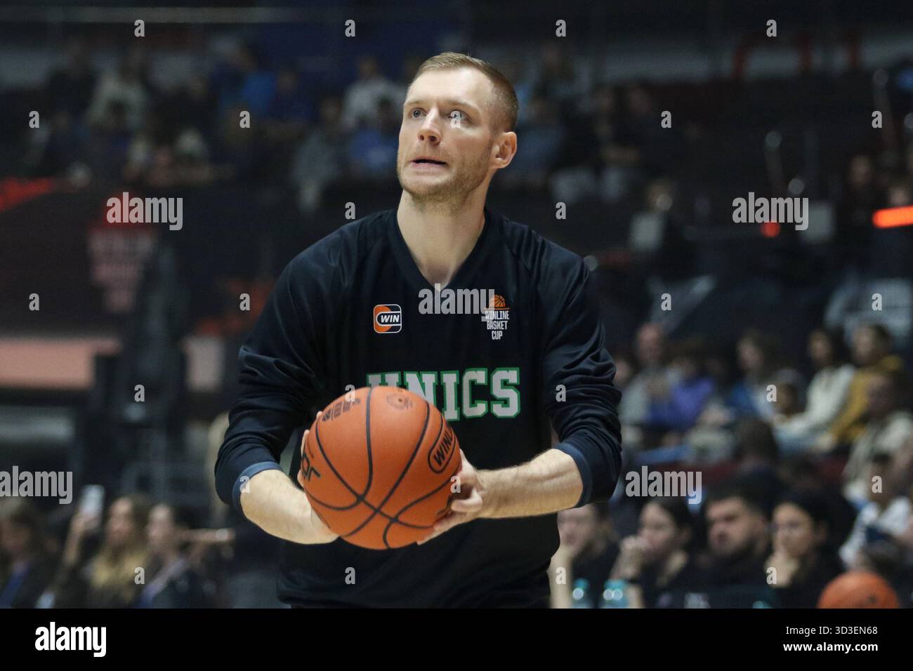 Denis Zakharov (3) of UNICS seen in action during the WINLINE Basket Cup basketball match ...