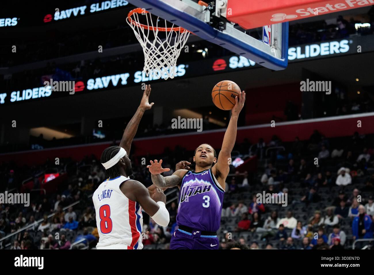 Utah Jazz guard Keyonte George, right, shoots against Detroit Pistons ...