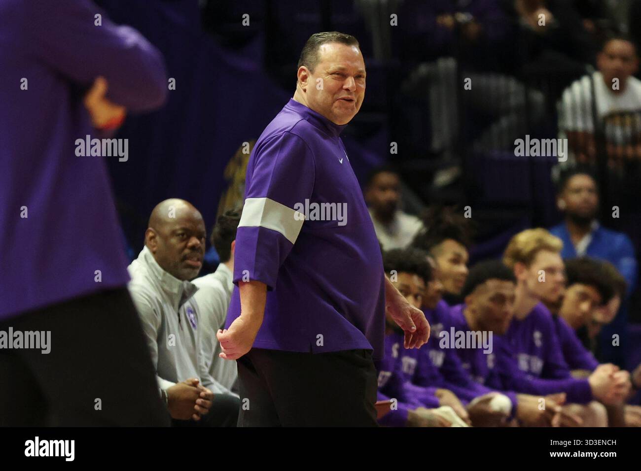 Tarleton State Texans head coach Billy Gillispie talks to the referee ...