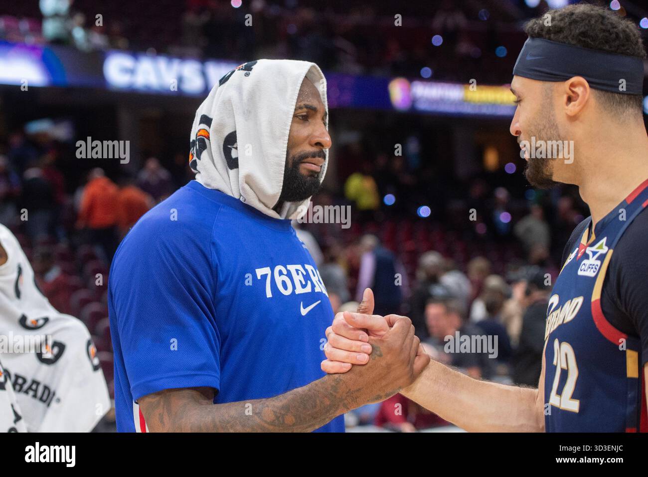 Philadelphia 76ers' Andre Drummond, left talks with Cleveland Cavaliers ...