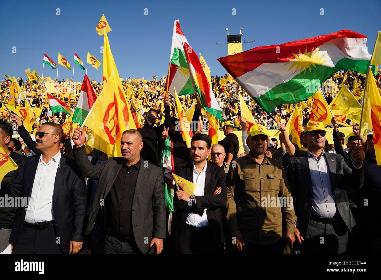 Kurdish supporters of the Kurdistan Democratic Party (KDP or PDK) hold ...