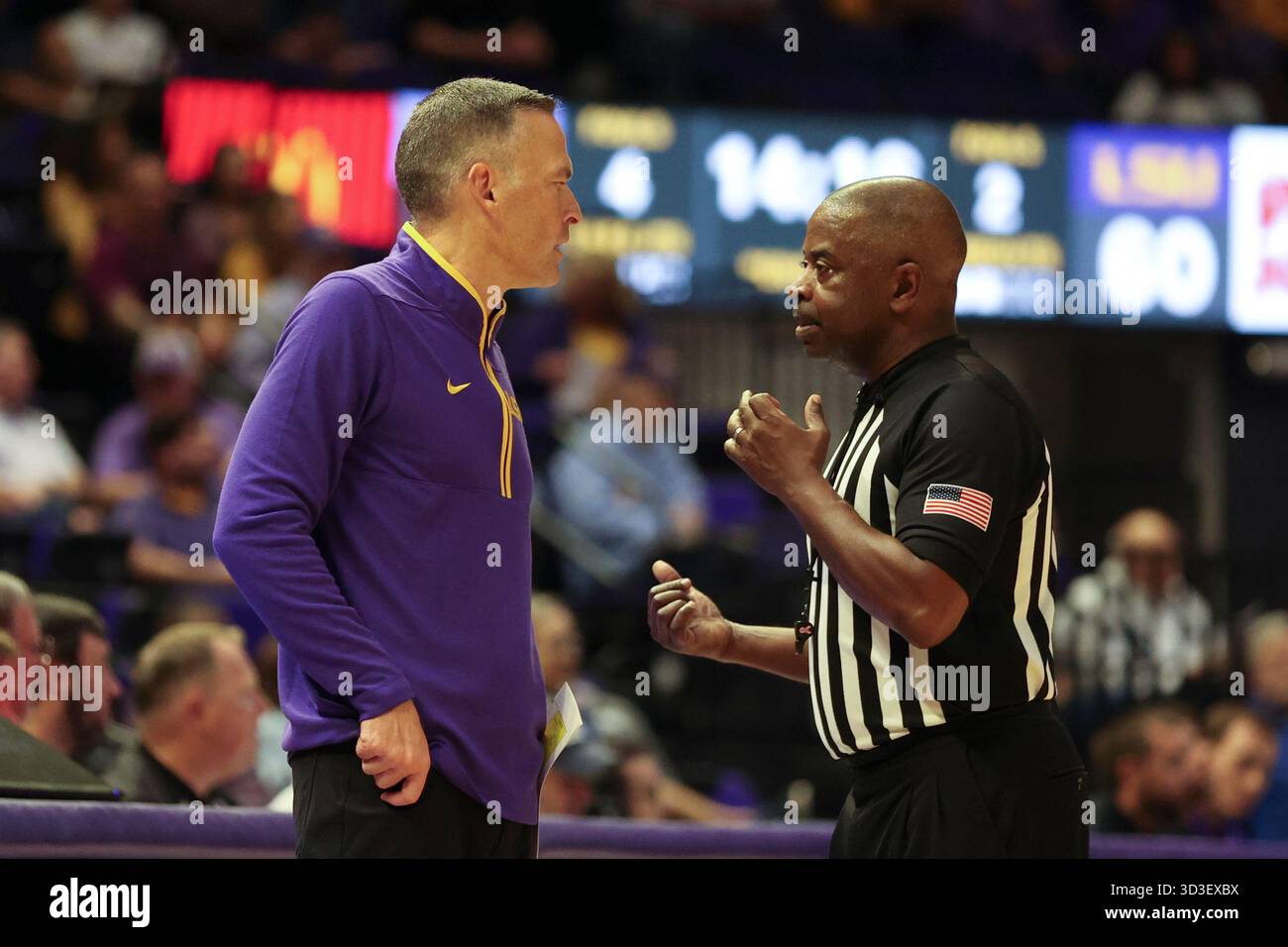LSU Tigers head coach Matt McMahon talks to a referee during the second ...