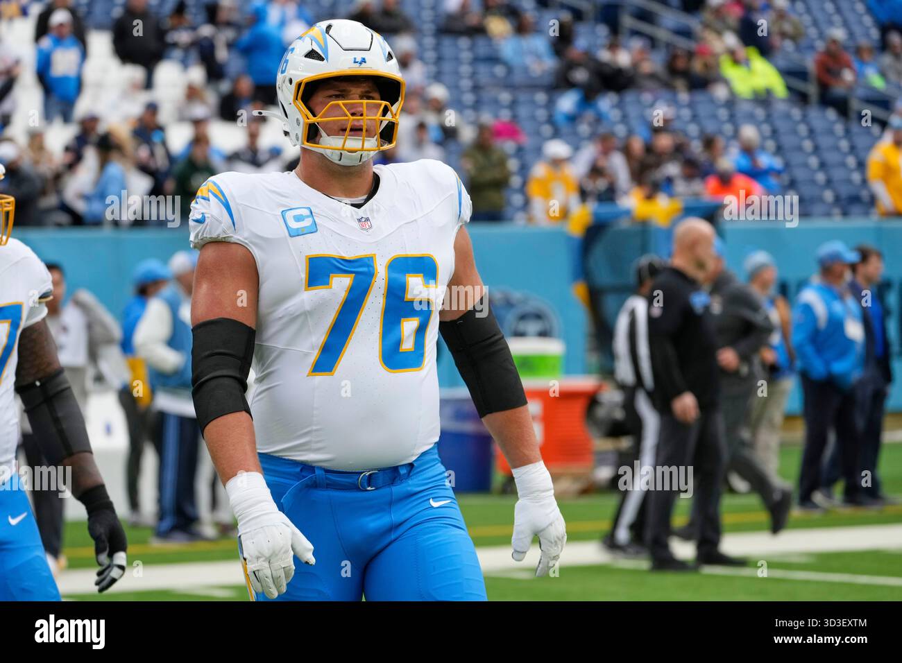 Los Angeles Chargers offensive tackle Joe Alt (76) warms up before an ...