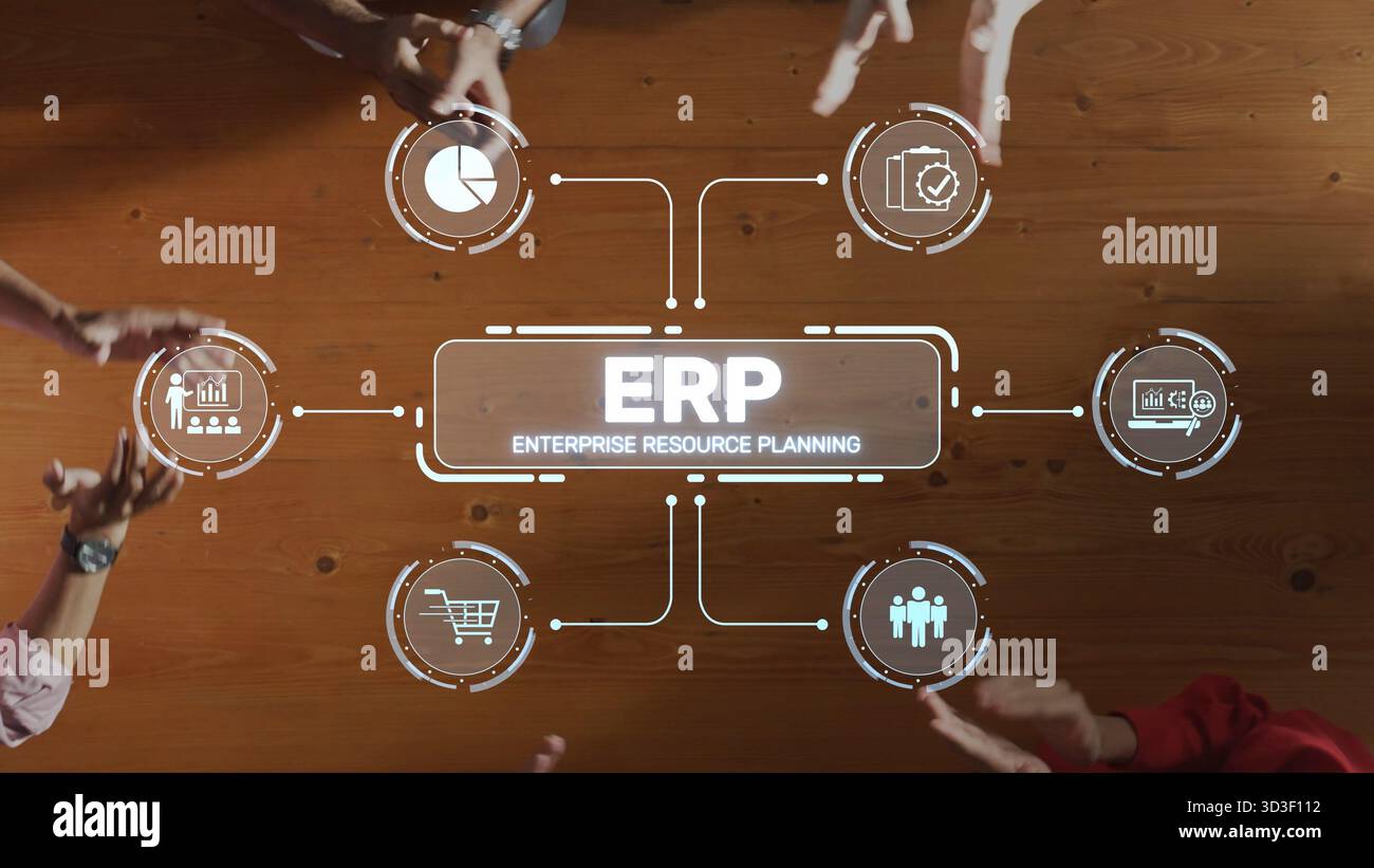 This image showcases a collaborative workspace featuring an ERP system ...