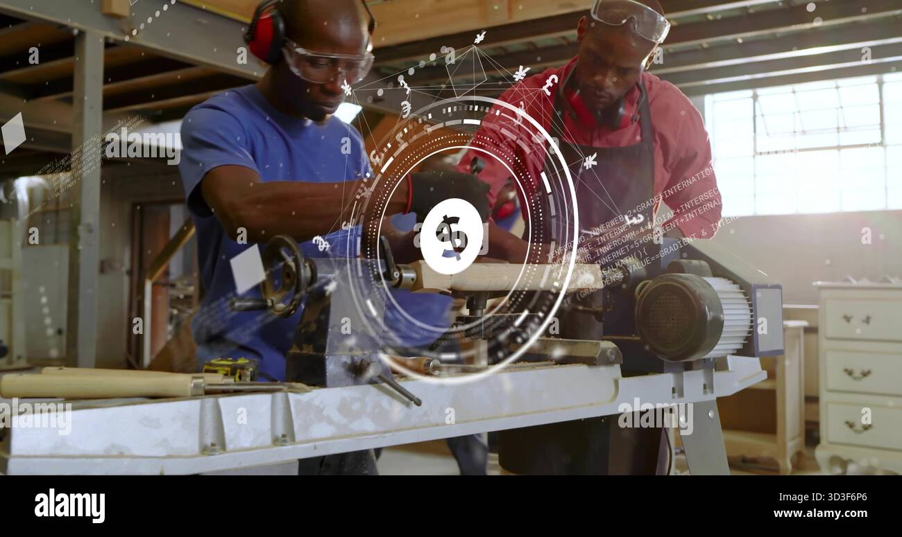 Shaping mentor and apprentice turning wooden workpiece on lathe at ...