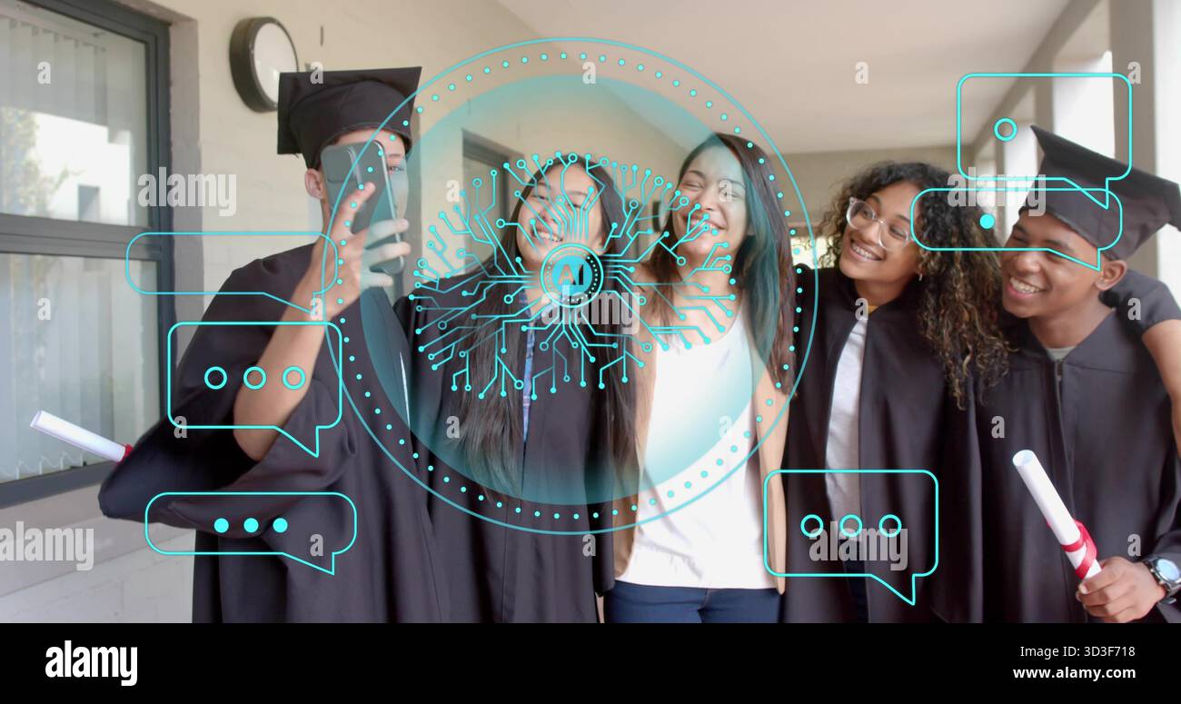 Graduates wearing caps taking selfie on phone in walkway, displaying ...